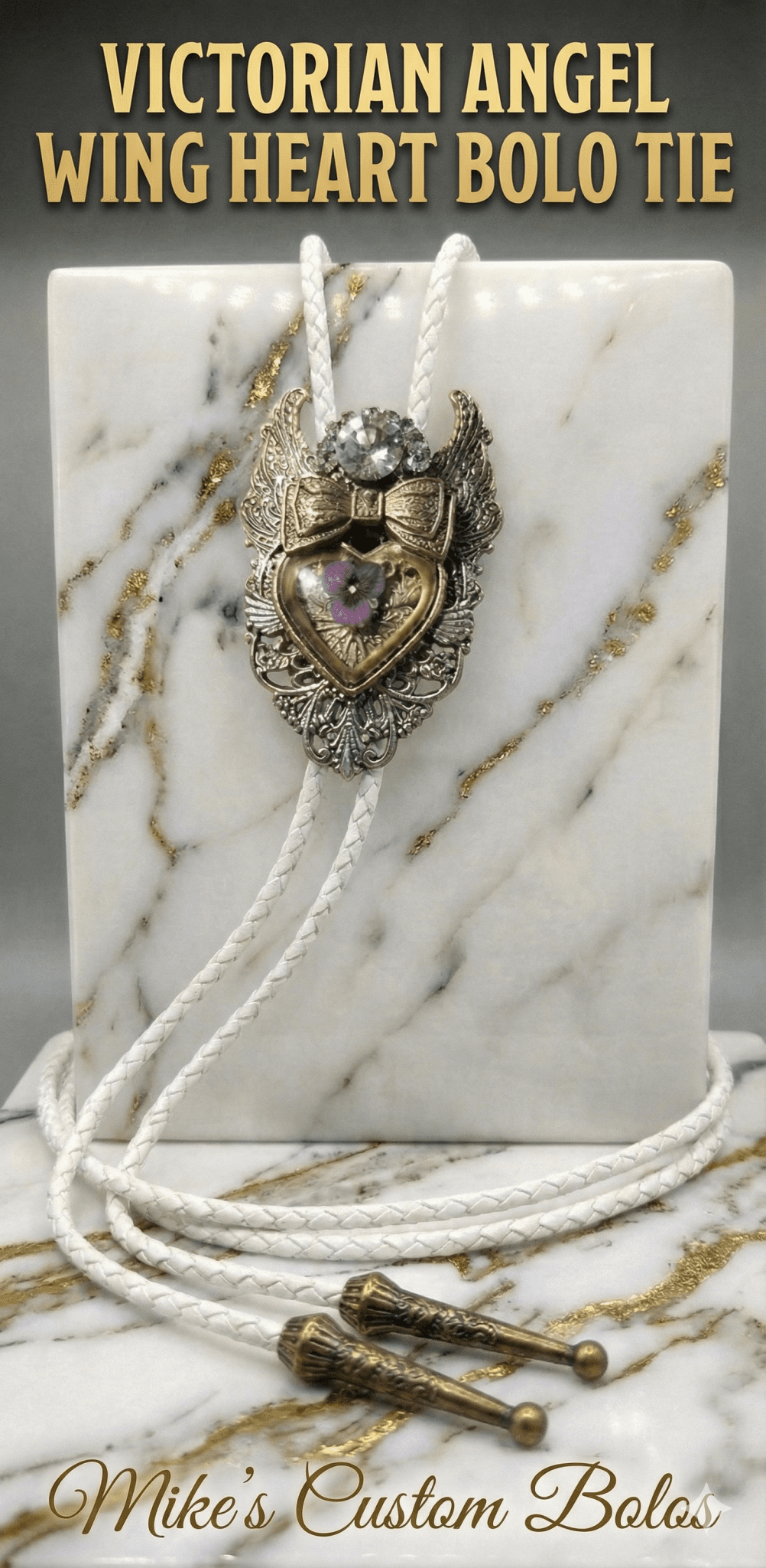 VICTORIAN ANGEL WING HEART BOLO TIE ~ PURPLE FLORAL ACCENT – MIKE'S ...